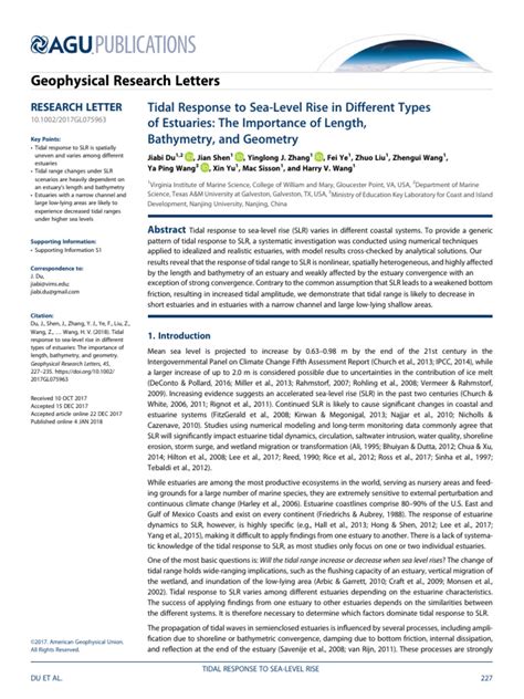 Geophysical Research Letters 2017 Du Tidal Response To Sea Level Rise In Different Types