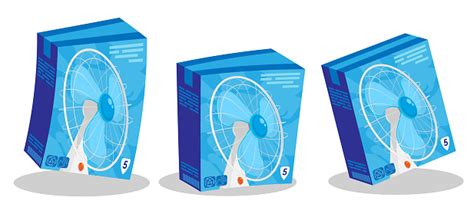 더운 여름 시즌을 준비하는 선풍기가있는 골판지 상자 실내에서 편안한 온도 유지 흰색 배경에 고립 된 만화 벡터 완구류에 대한