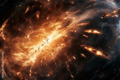 Fleet Of Generation Ships In Deep Space Their Engine Trails Forming A