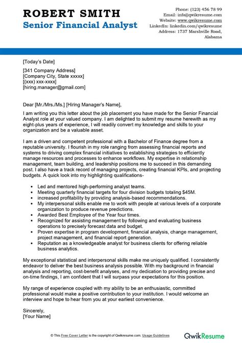 Senior Financial Analyst Cover Letter Examples Qwikresume