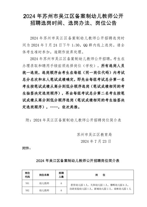 2024 年苏州市吴江区备案制幼儿教师公开招聘选岗时间、选岗办法、岗位公告通知公告吴江教育信息网