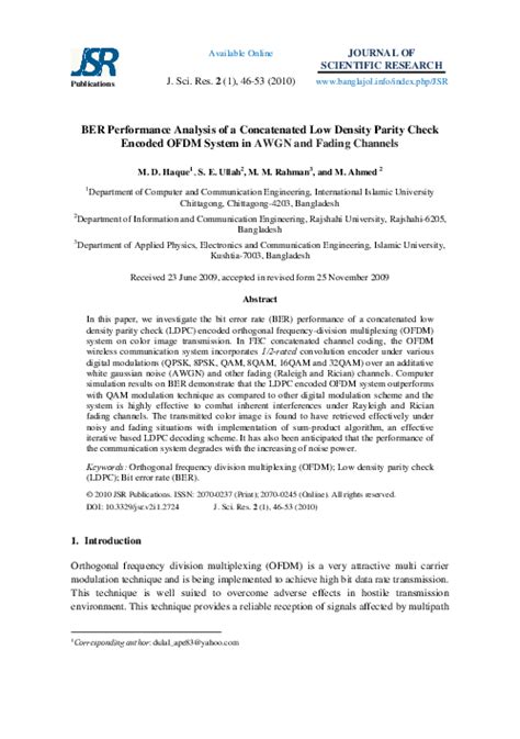 Pdf Ber Performance Analysis Of A Concatenated Low Density Parity Check Encoded Ofdm System In