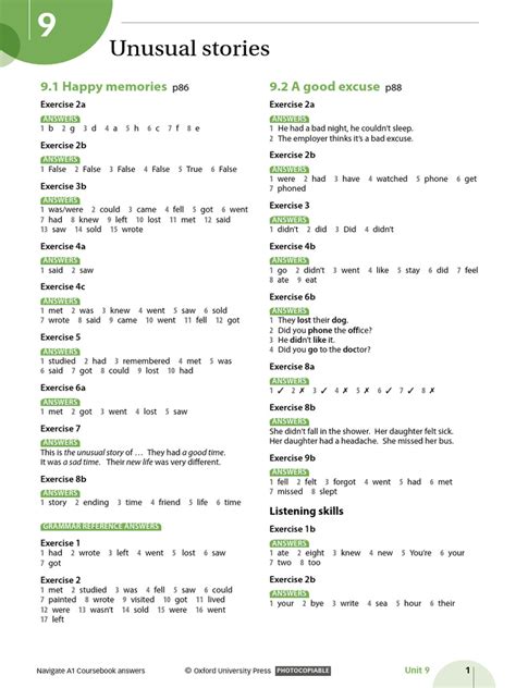 Navigate A1 Coursebook Unit 9 Answer Key Pdf