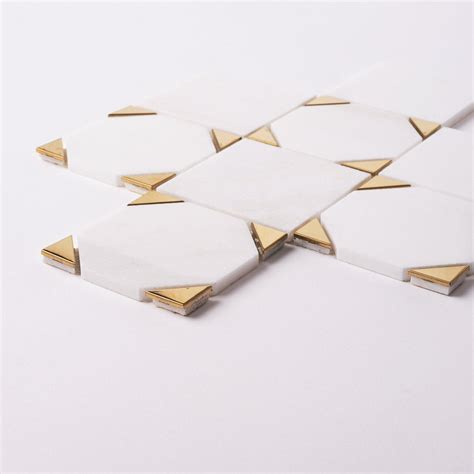 Glam Thassos White Gold Brass Squares Marble Mosaic Tilezz