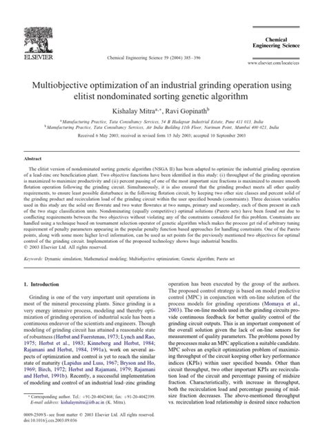 Multiobjective Optimization Of An Industrial Grinding Operation Using Elitist Nondominated
