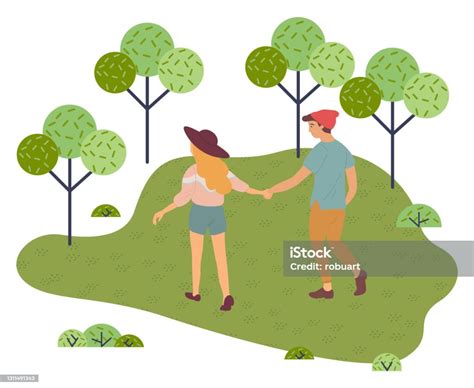 젊은 십대 부부가 공원에서 손을 잡고 걷고 있습니다 모자를 쓴 소녀와 남자 사랑과 관계 가공의 인물에 대한 스톡 벡터 아트 및