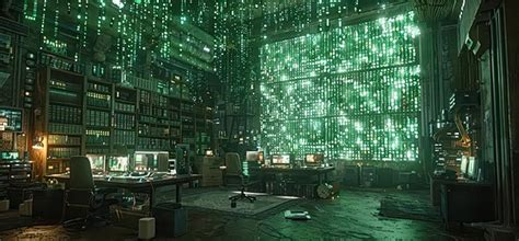 A Futuristic Workspace Filled With Glowing Green Data Streams And Multiple Computer Stations
