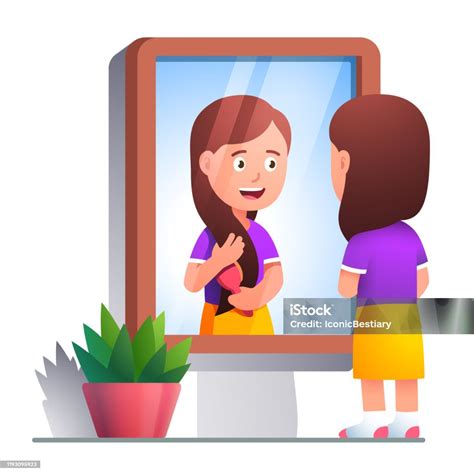 그녀의 귀여운 얼굴 반사를보고 거울 앞에 빗으로 머리를 칫솔질 소녀 아이 그녀의 긴 머리를 돌보는 아름다운 작은 아가씨 플랫 벡터 일러스트레이션 거울에 대한 스톡 벡터 아트