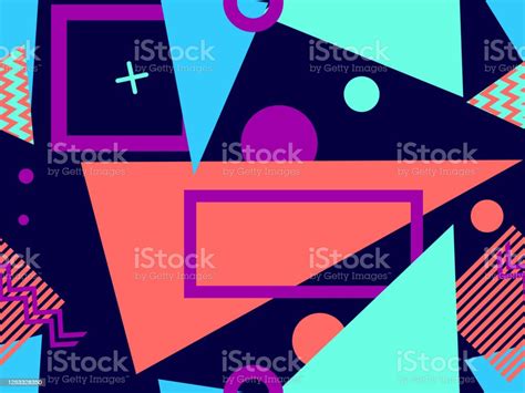 80 년대 스타일의 기하학적 모양이있는 매끄러운 패턴 홍보 제품 포장지 및 인쇄를 위한 다색 삼각형 원 및 지그재그 벡터 일러스트레이션 0명에 대한 스톡 벡터 아트 및 기타