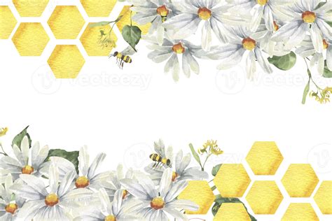 Golden Honey Combs Hexagon With White Chamomile Flowers And Bees