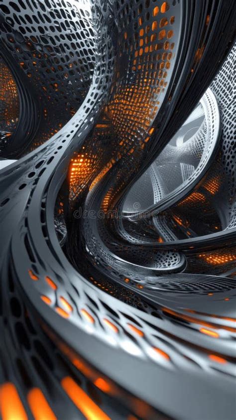 Exploring Abstract Metallic Structures With Glowing Orange Accents Stock Illustration
