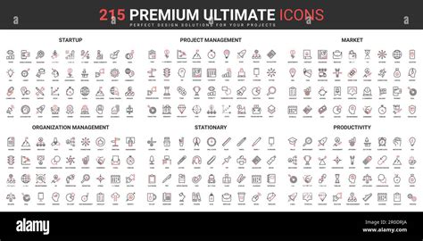 Bussines Organization Strategy And Management Of Success Startup Thin Line Red Black Icons Set