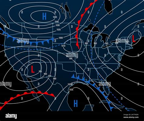 Forecast Weather Isobar Night Map Of Usa Meteorology Diagram With Wind Front And Temperature
