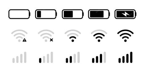 wifi 및 배터리 아이콘 세트 충전 및 연결 수준 휴대폰 ui 요소 벡터 플랫 디자인 프리미엄 벡터