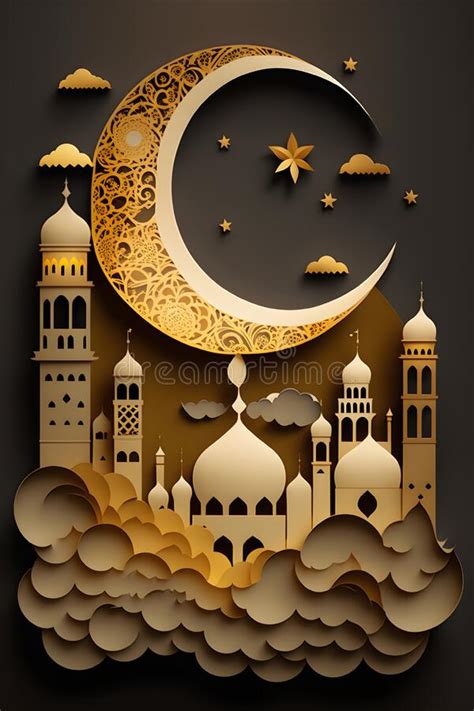 Paper Cut Vector Illustration With Mosque And Moon Clouds Golden And