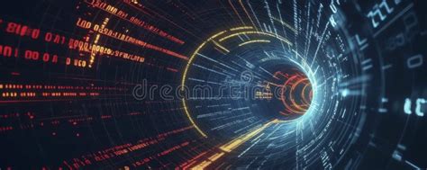 futuristic digital tunnel with vibrant lines and binary code stock