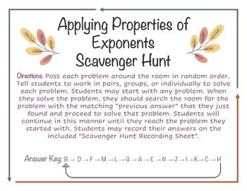 Properties Of Exponents Scavenger Hunt By Pumpkin Pi Math Activities
