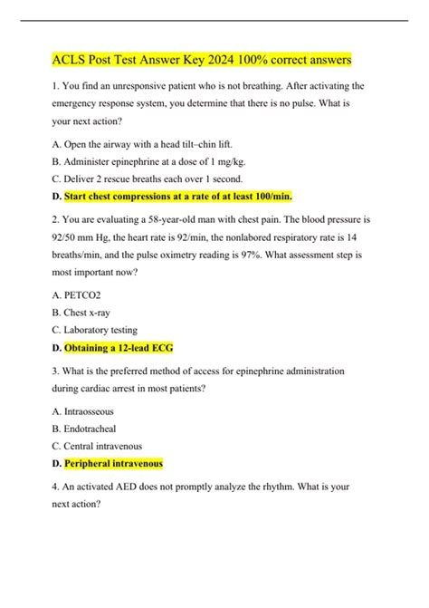 Acls Post Test Answer Key 2024 100 Correct Answers Acls Stuvia Us