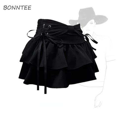 Юбка Женский черный Хлопок Лавсан размер 44 Лента Мини Рюши Шнуровка Однотонный Ролики