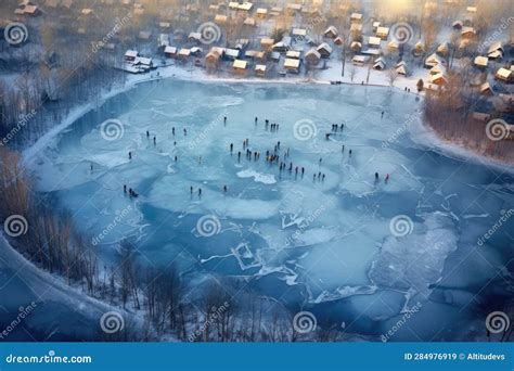 Aerial View Of Ice Skaters Tracks On Frozen Lake Stock Illustration