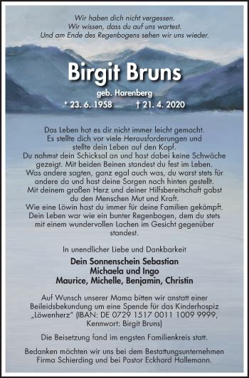Traueranzeigen Von Birgit Bruns Trauerportal Hildesheimer Allgemeine