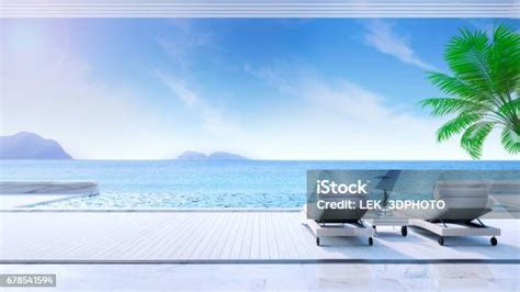 차분한 여름 일광욕 갑판 및 근처 해변 파노라마 바다 전망 럭셔리 빌라에서 개인 수영장 썬 안락 3d 렌더링 배경 주제에 대한 스톡 사진 및 기타 이미지 Istock