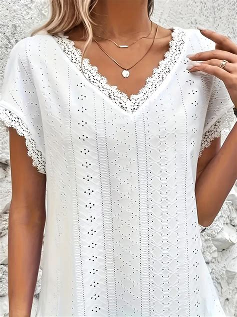 Plus Size Lace Stitching Top Casual V Neck Short Sleeve Top Temu Denmark