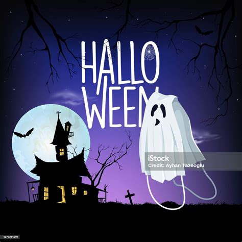 즐거운 할로윈 보내세요 유령 유령 달 나무 밤 마스크 어두운 벡터 신규 표준 코비드19 판데미 인사말 카드 포스터 배너 전단지