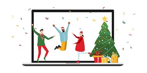 메리 크리스마스와 새해 복 많은 새해를 기원하는 사람들은 2022 년 화상 통화 또는 웹 컨퍼런스를 통해 휴일을 축하하고 선물을 제공합니다 검역 온라인 파티 벡터 그림입니다