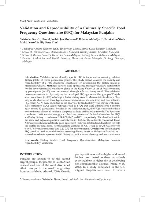 Pdf Validation And Reproducibility Of A Culturally Specific Ffq For Malaysian Punjabis