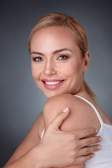 Woman Hugging Herself And Laughing Happily Stock Image Image Of