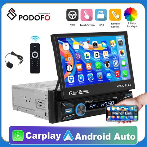 Podofo 1din 카플레이 안드로이드 자동차 라디오 범용 멀티미디어 비디오 Mp5 플레이어 Fm 스테레오 헤드 유닛 블루투스 후면보기 7 인치