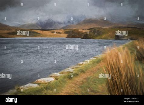 Digital Painting Of Panoramic Views Of Llyn Y Dywarchen Snowdon And Y