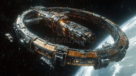 Massive Space Station Orbits Above A Cloud Covered Planet Stock