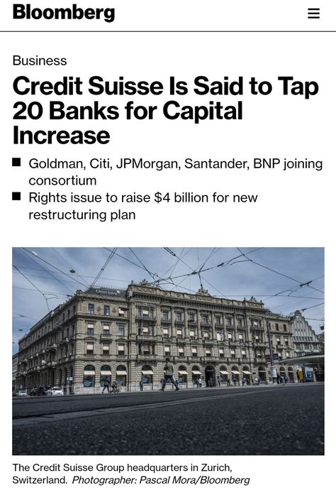 크레딧 스위스 40억달러 조달을 위해 20개의 은행을 초청 주식 에펨코리아