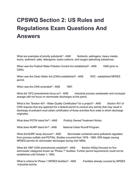 Cpswq Section 2 Us Rules And Regulations Exam Questions And Answers
