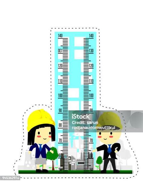 높은 타워와 엔지니어 생태계 만화 벡터 일러스트 레이 션 아이 높이 차트 측정기에 대한 스톡 벡터 아트 및 기타 이미지 측정기 2명 눈금자 Istock