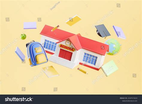 배낭과 교과서가 있는 떠다니는 만화학교 건물 스톡 일러스트 2197573433 Shutterstock