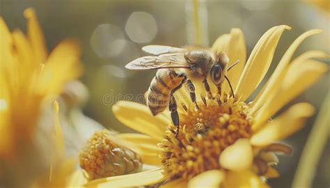 Macro Shot Of A Bee Hard At Work Gathering Nectar On Vibrant Yellow