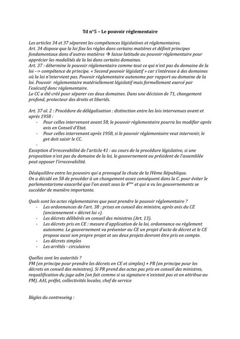 TD n5 Le pouvoir réglementaire Art 34 dispose que la loi fixe les