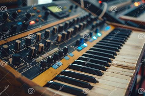 Vintage Synthesizer Keyboard Is Illuminated With Blue Lights Stock