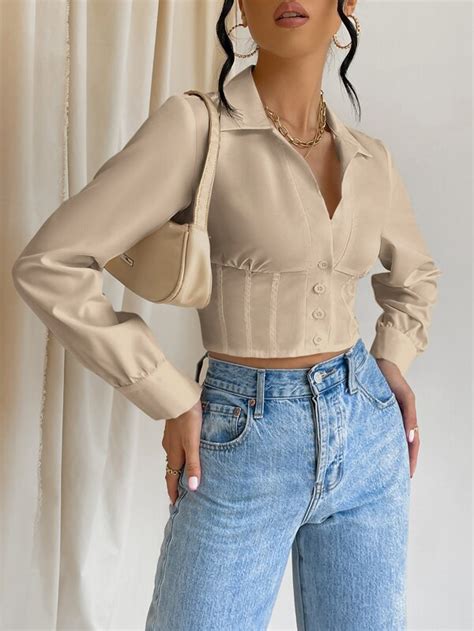 SHEIN Essnce Camisa unicolor con botón delantero corto Moda de Mujer