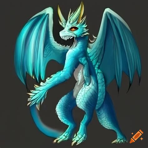 Drawing Of An Anthro Turquoise Dragon With Cyan Colored Wings And Black