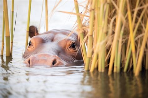 Premium Photo Hippos Partially Hidden By Riverside Reeds