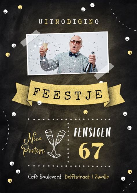 Uitnodiging Pensioenfeest Foto Confetti Vaandel Kaartje2go