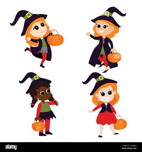 Set Of Little Cute Witches With Red Hair In A Costume With A Basket In