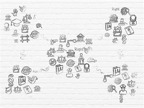 Handdrawn Law Symbols Painted On Grungy White Brick Wall Texture Photo
