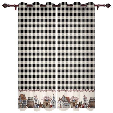 Country Star Berry Retro Black Plaid Curtains For Living Room Kitchen