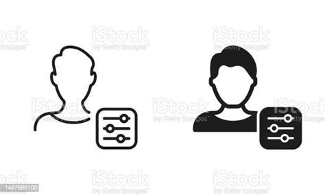 계정 설정 라인 및 실루엣 아이콘 세트 프로필 사용자 설정 검정 픽토그램 남자 프로필 기호 컬렉션이 있는 제어판 격리된 벡터 그림 개성 개념에 대한 스톡 벡터 아트 및 기타