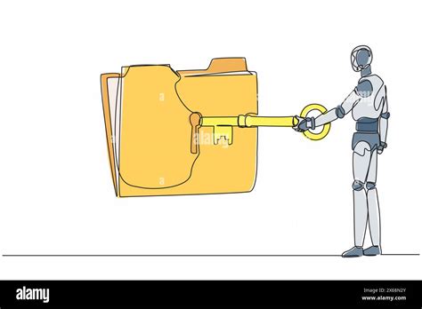 Single One Line Drawing Robot Put Big Key Into Folder Document Protection Data Security
